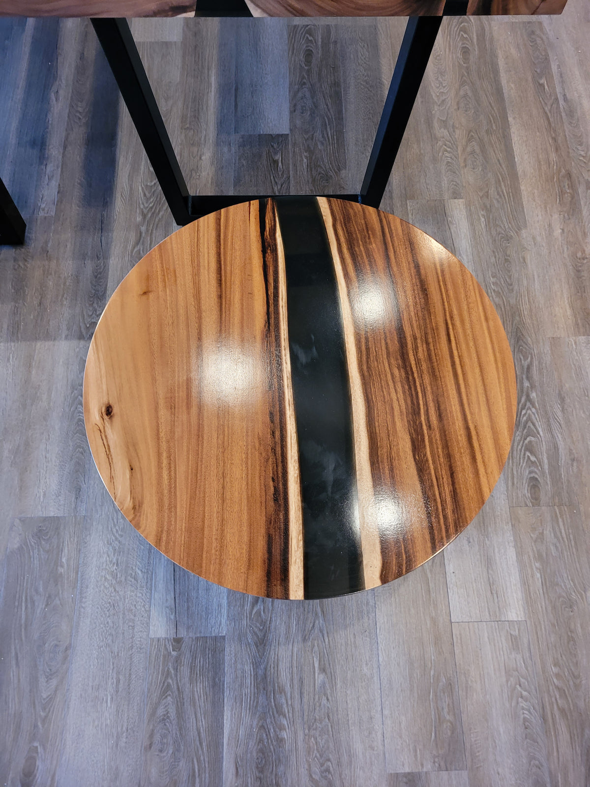 Monkey pod black tint epoxy river table set 6'